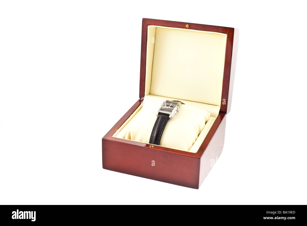 female silver watch in a wood gift box on a white background Stock ...