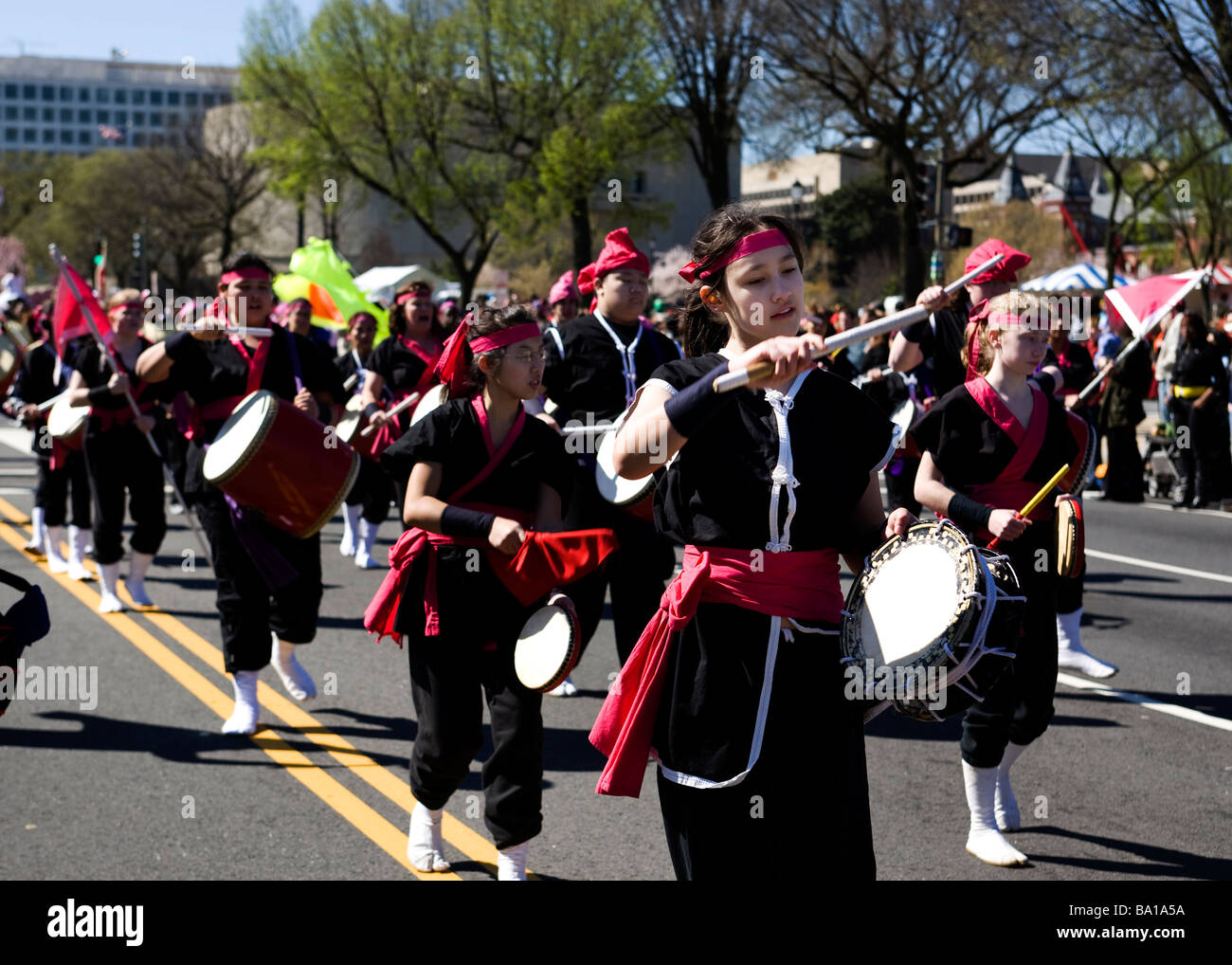 Young female Taiko drummers in parade - National Cherry blossom ...