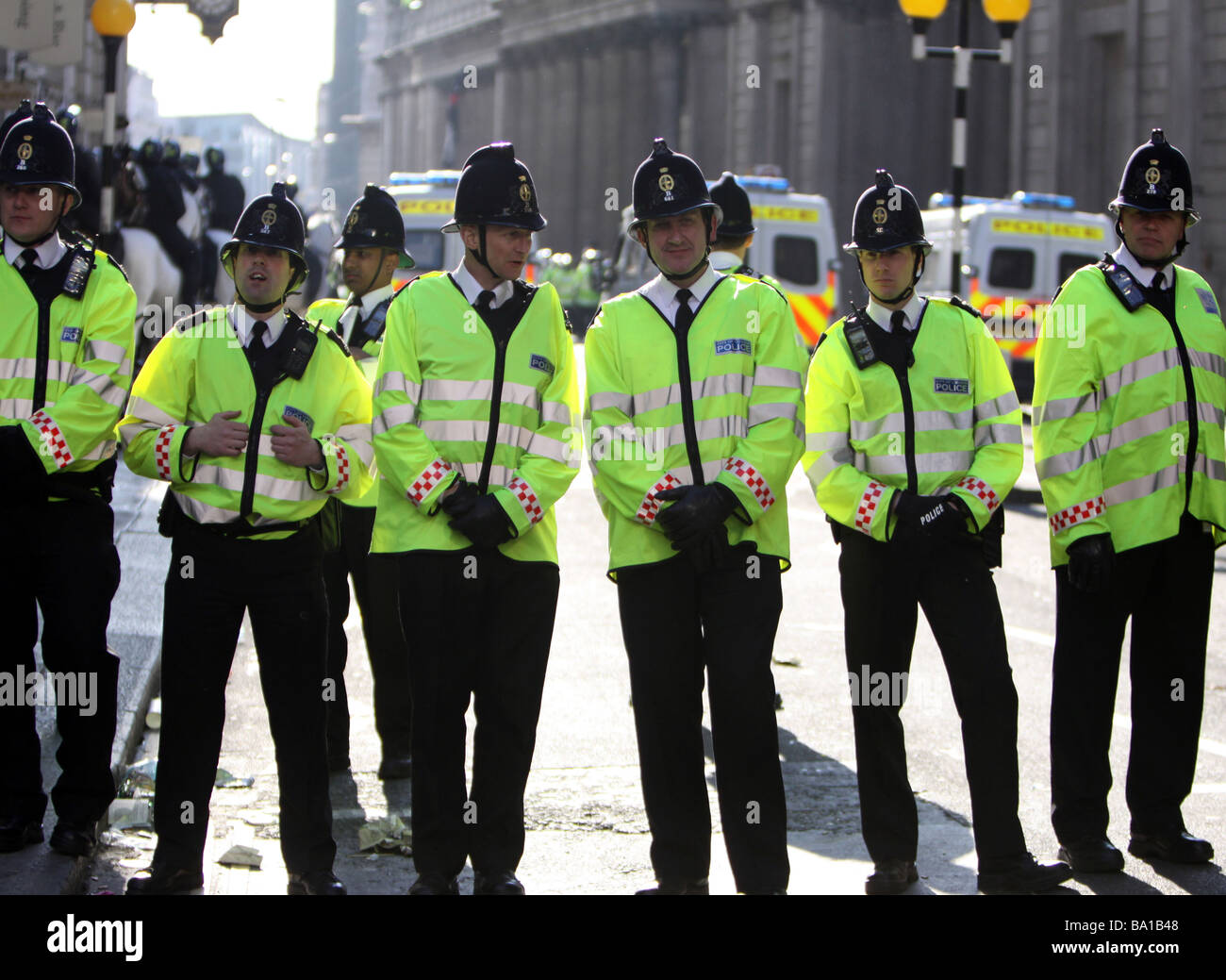 City of London Police blocking a road at the G20 protests in London ...