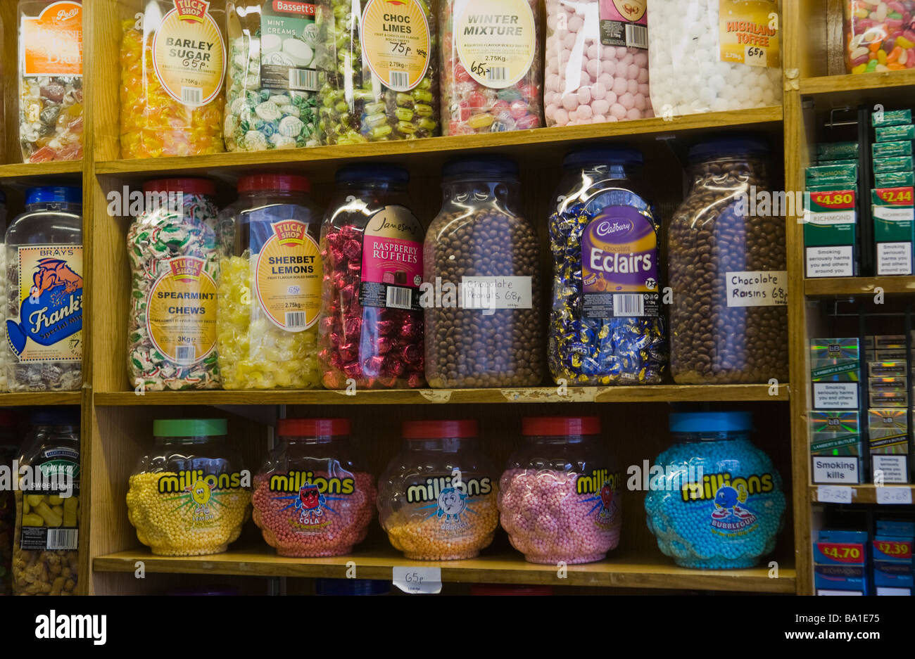 Display shelf with jars of sweets in Carpaninis Cardiff Arms Cafe in ...