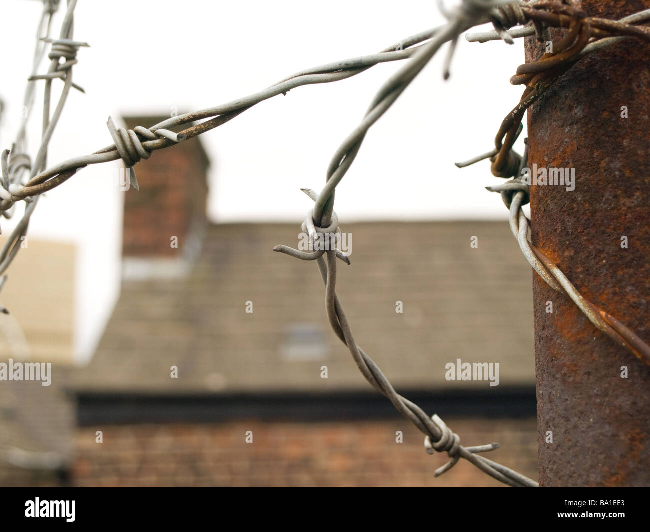 Barbed Wire Protecting House at Top of Wall Stock Photo - Alamy