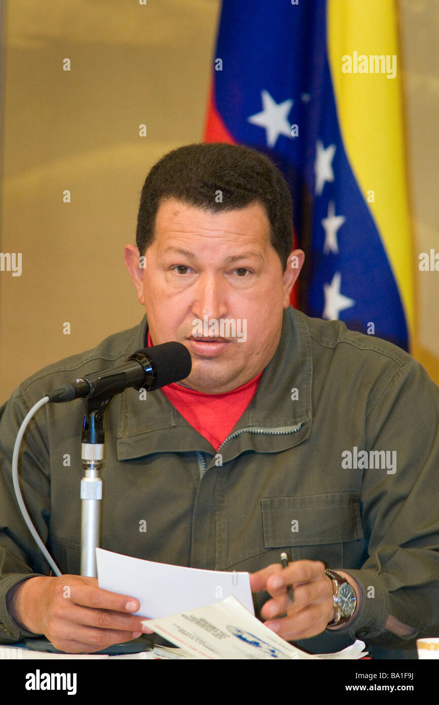 President of Venezuela Hugo Rafael Chavez Frias speaking at a press ...