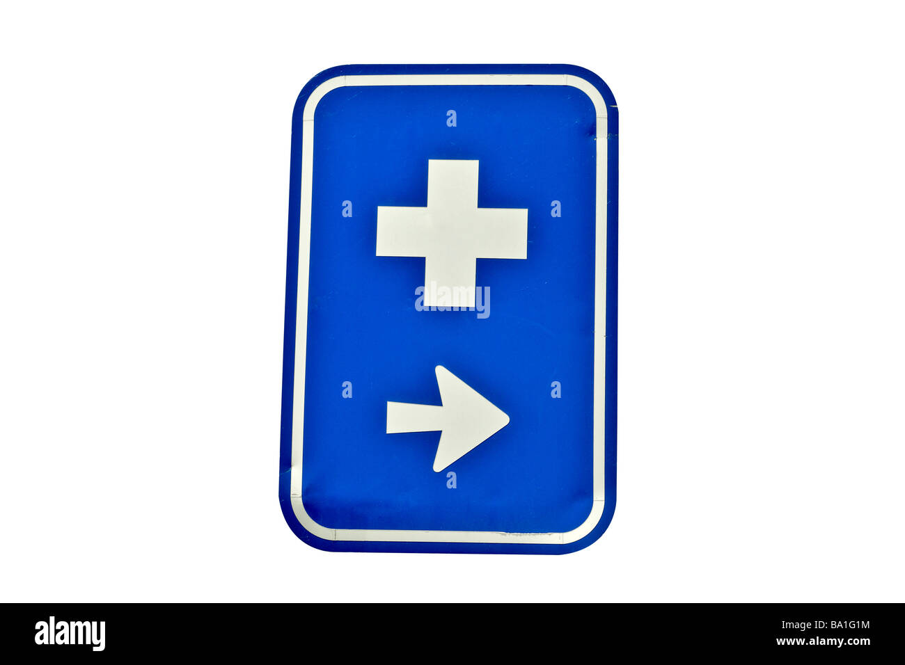Street or road sign detailing a turn required to reach a hospital Stock ...