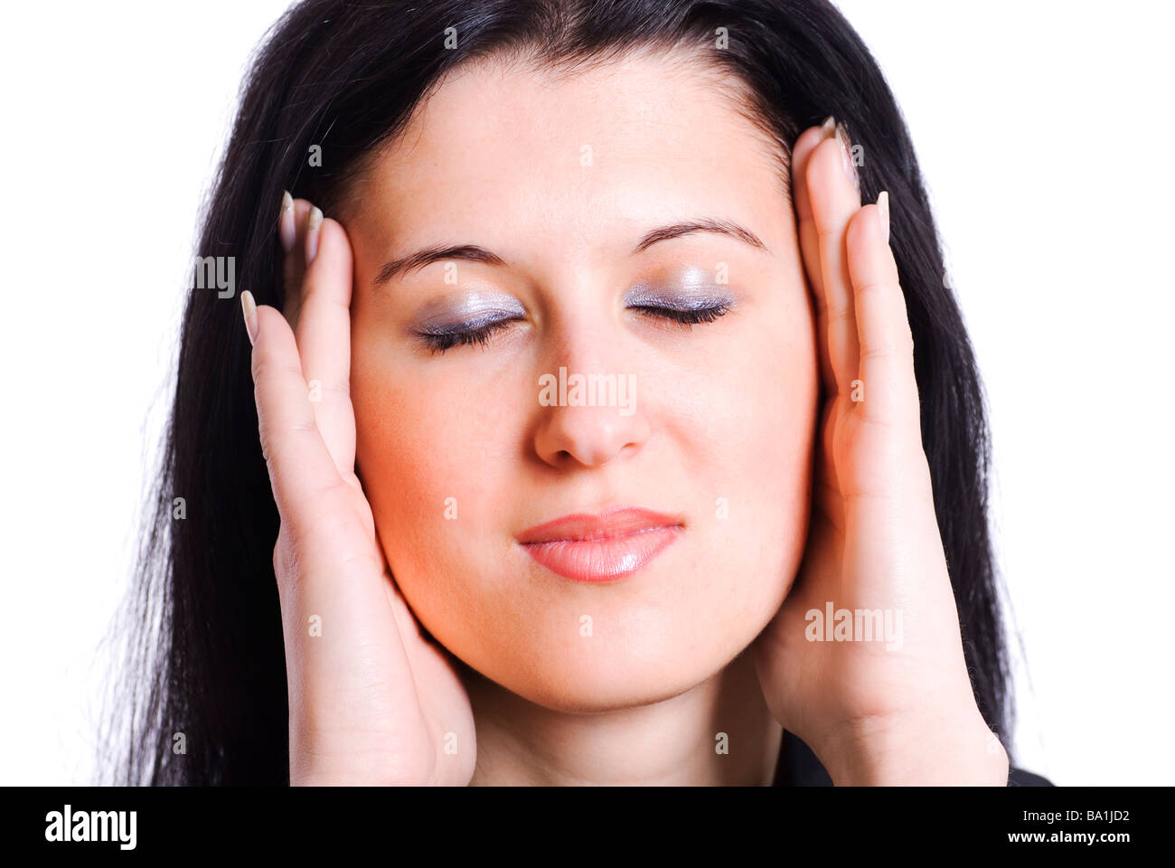Beautiful young woman hands touching face Stock Photo - Alamy