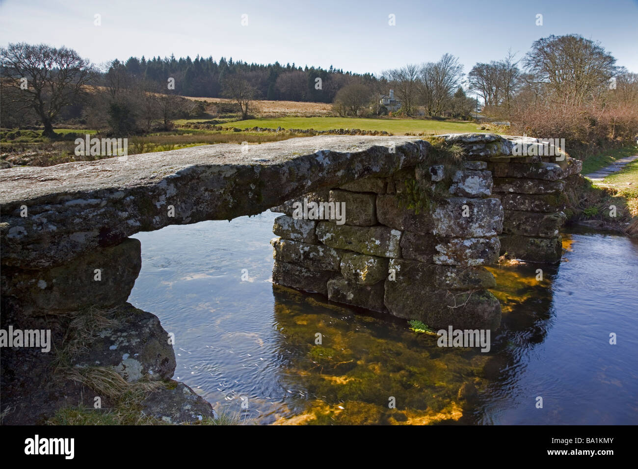 Ancient clapper bridge at Postbridge Dartmoor National Park Devon ...