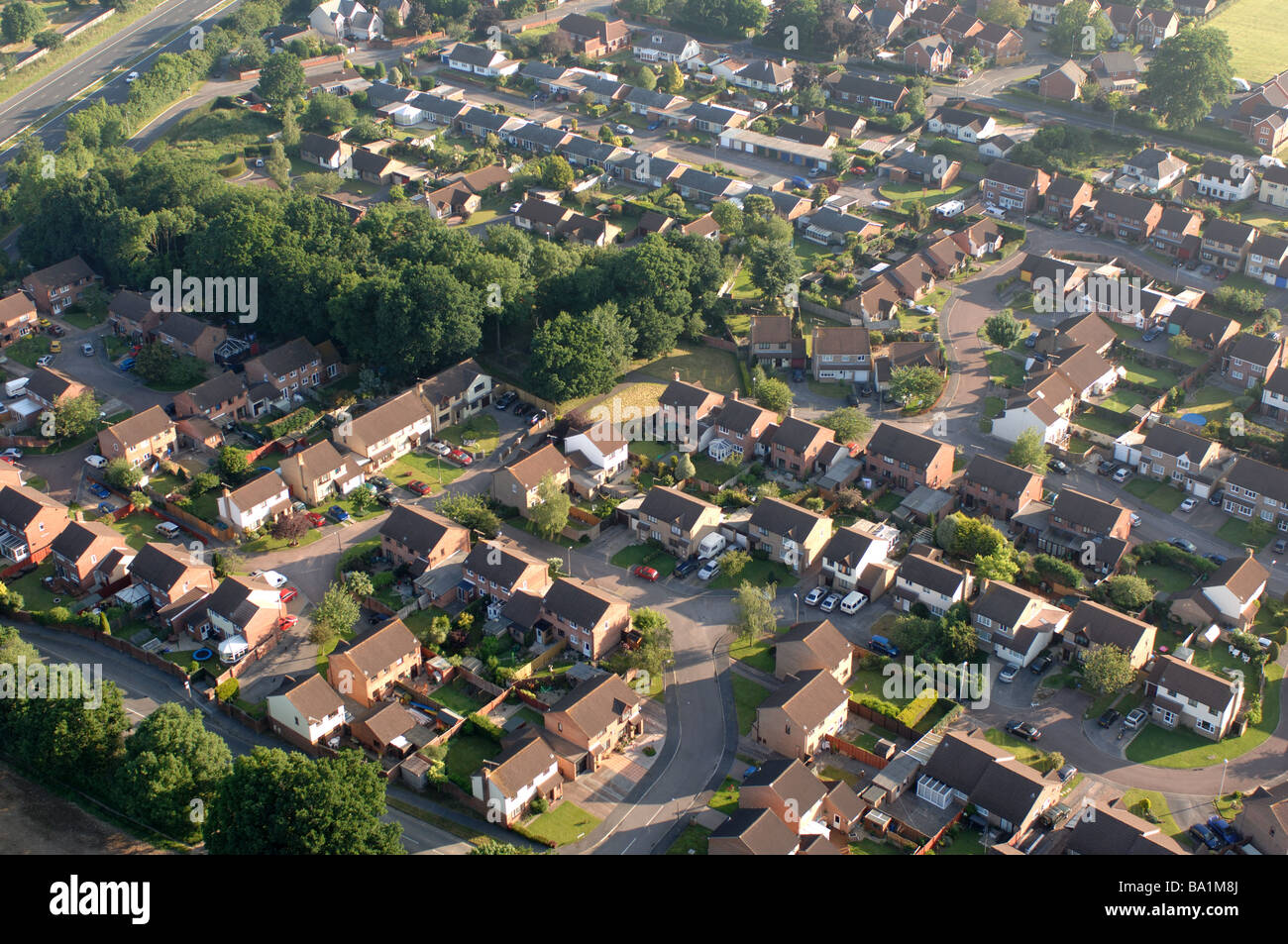 View from the air of modern housing estate in Willand town in Mid Devon ...