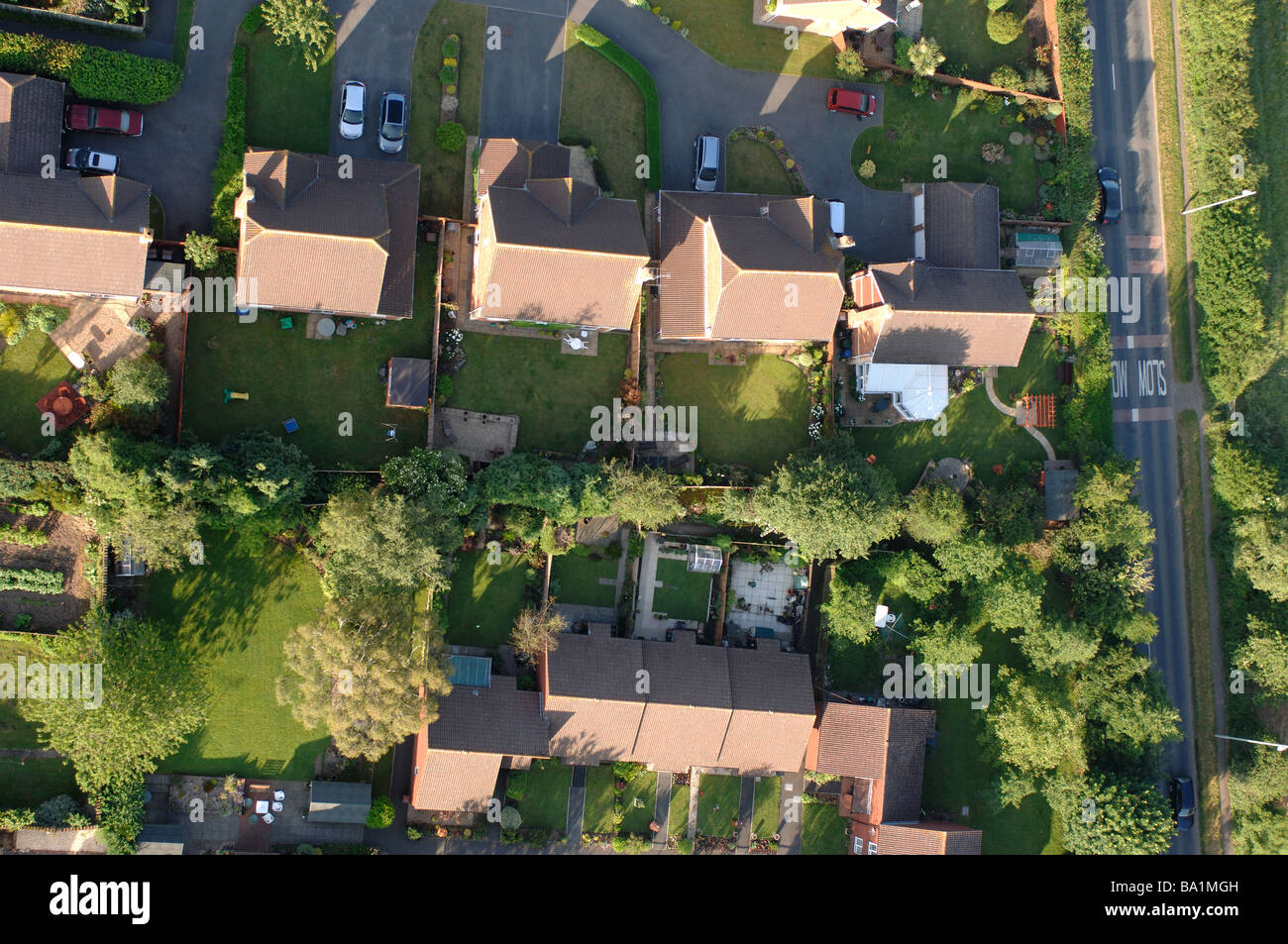 View from the air of modern housing estate in Willand town in Mid Devon ...