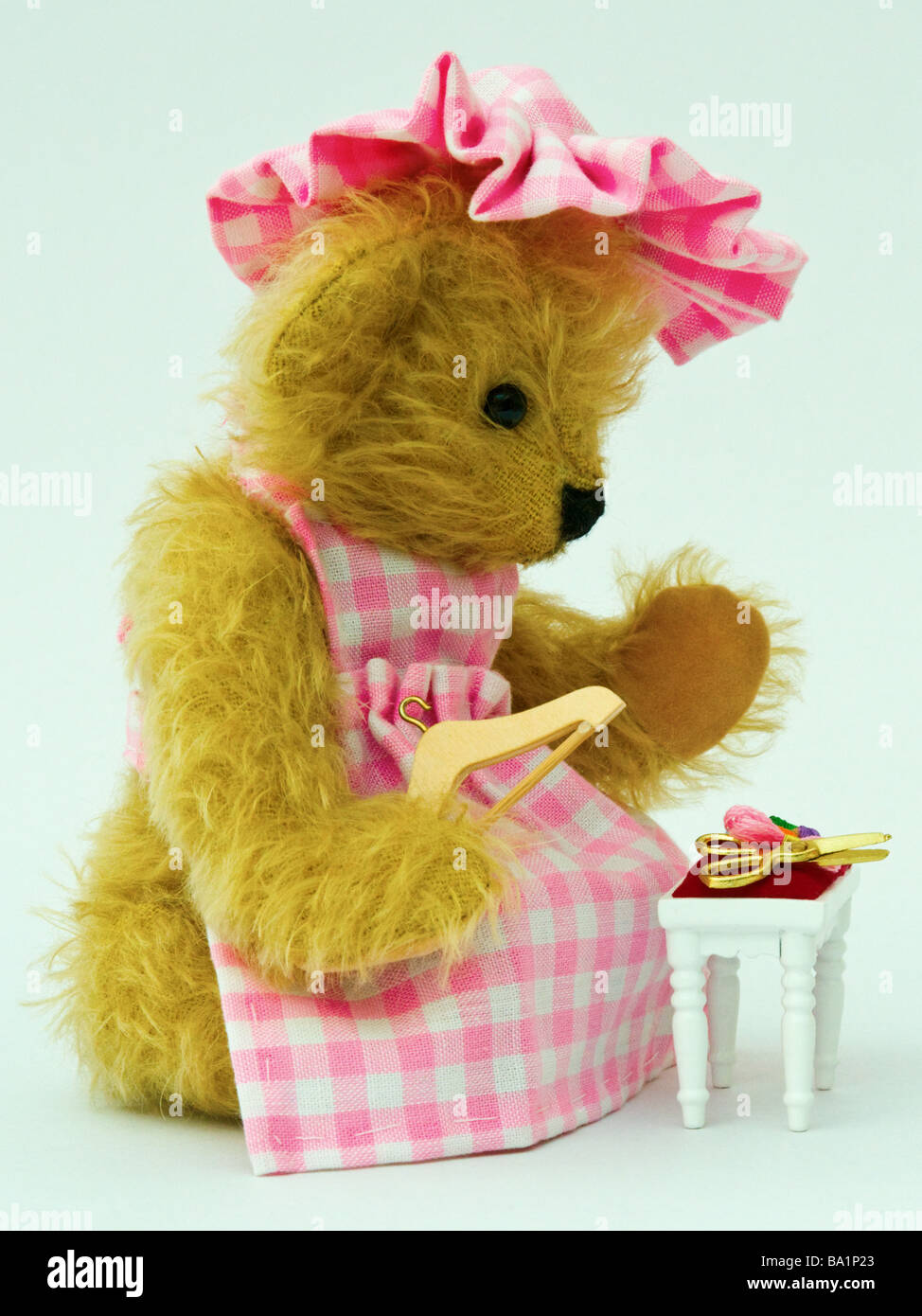Miniature female teddy sewing (Mini Bear Collection Stock Photo - Alamy