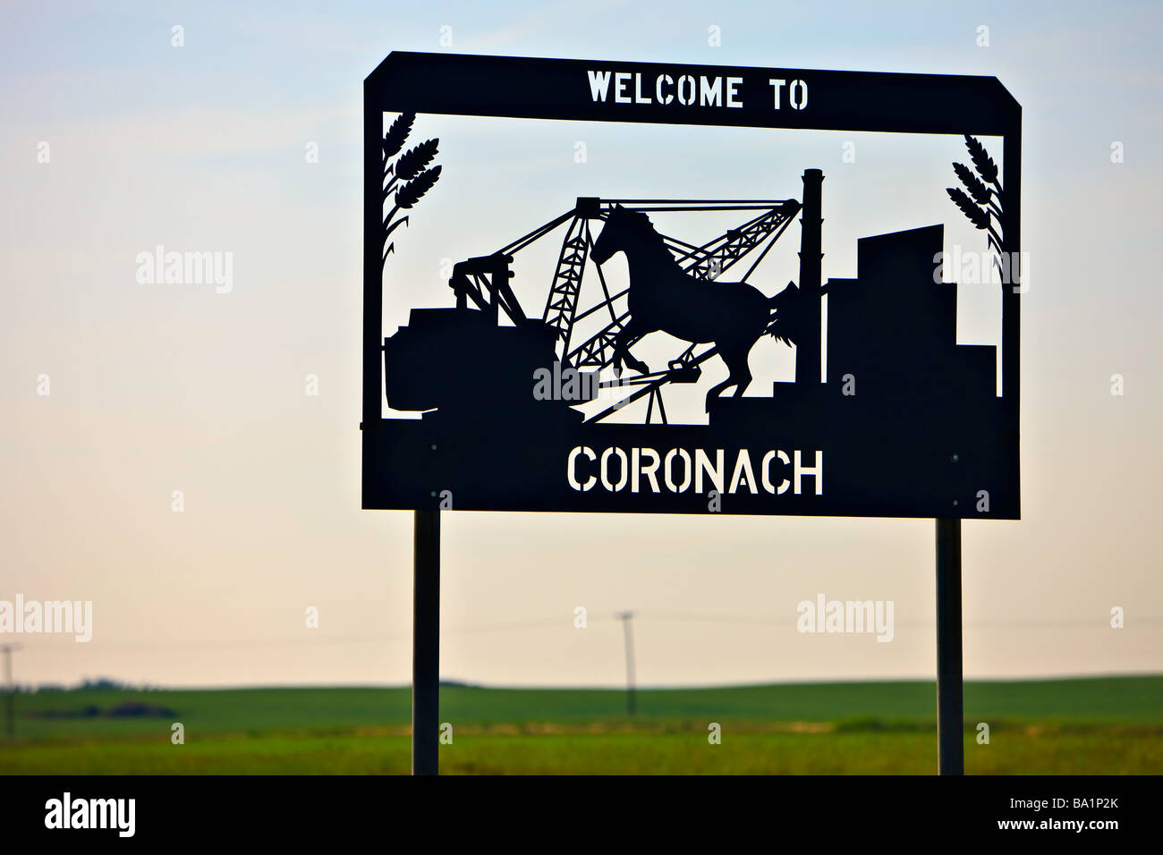 Welcome sign in the town of Coronach in the Big Muddy Badlands regions ...