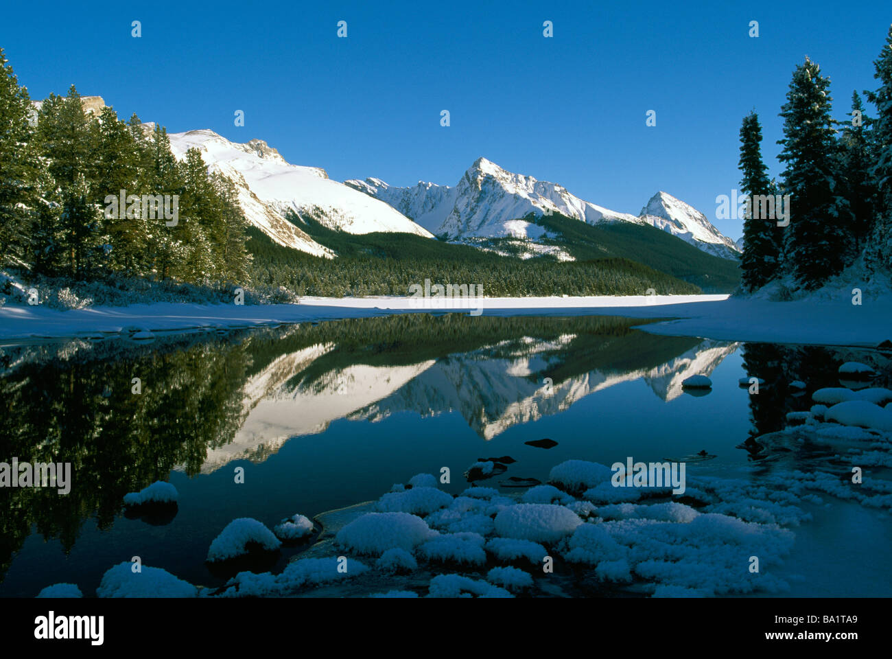 Maligne Lake and Samson Peak in Winter in Jasper National Park in the ...