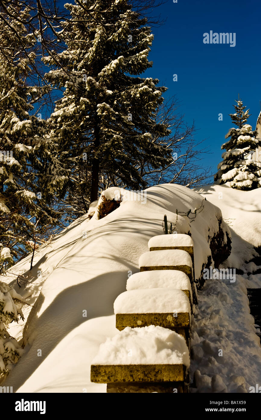 stone railing down steps covered in snow Stock Photo - Alamy