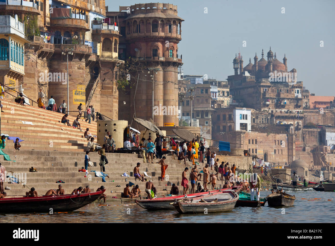 Hindu Bathing in the Ganges and the Alamgir Mosque in Varanasi India ...