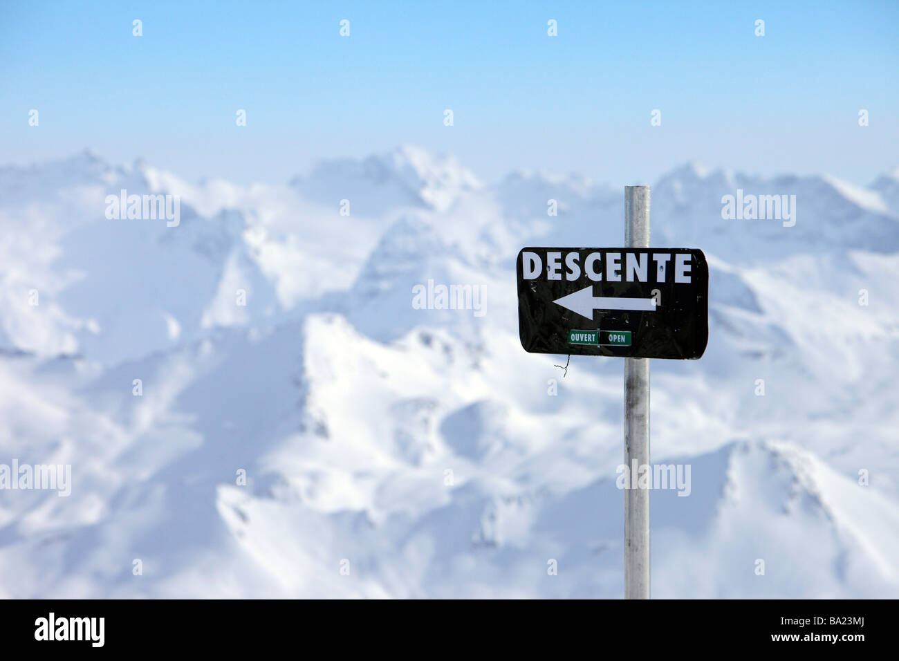 'Descente' sign in the ski resort of Tignes Le Lac, Espace Killy ...