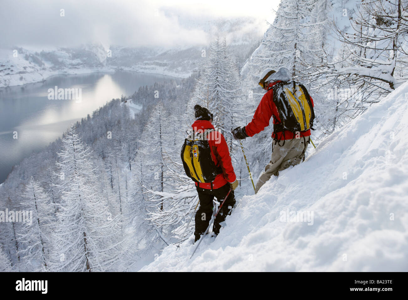 Off piste tree skiing after fresh snow in the ski resort of Tignes ...