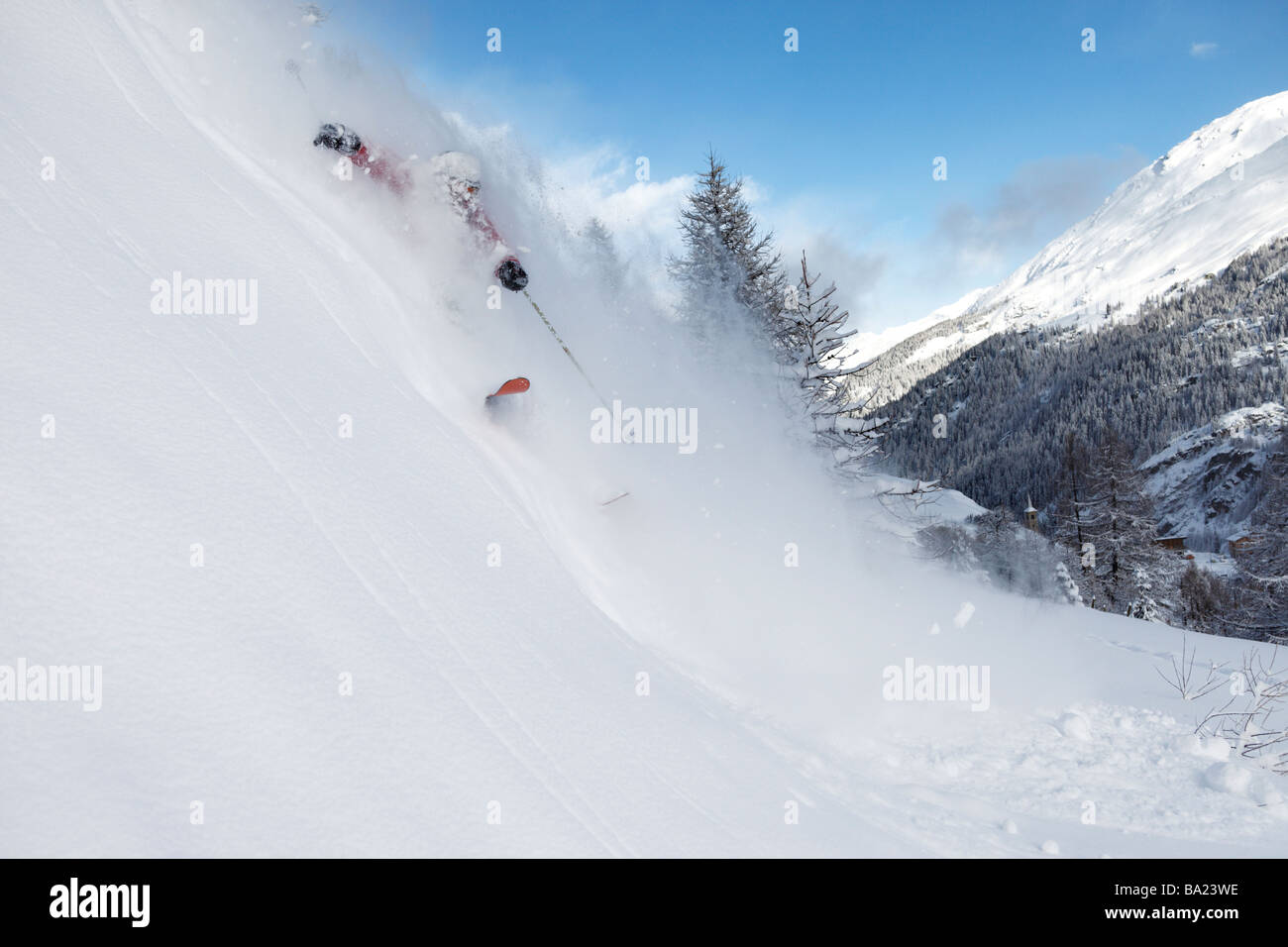 Off piste tree skiing after fresh snow in the ski resort of Tignes ...