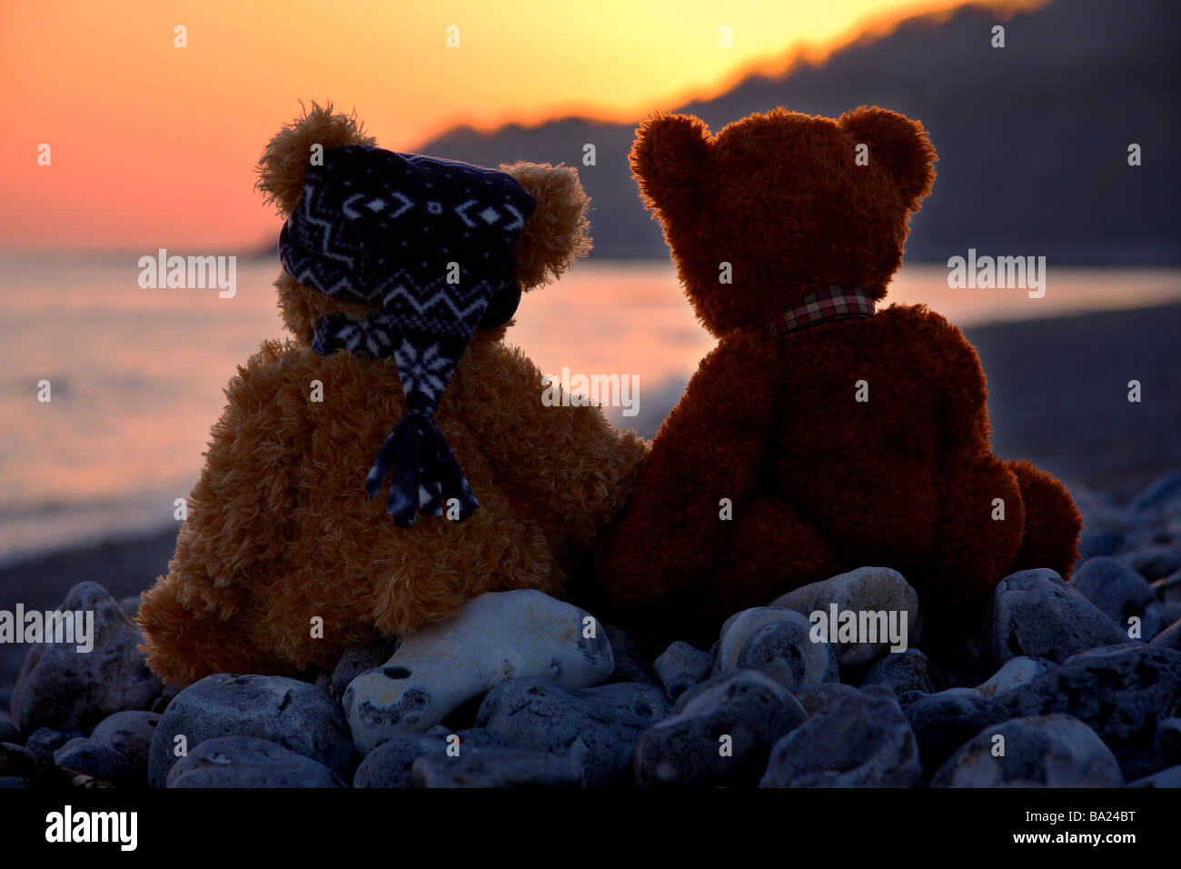 Two backlit teddy bears sat on a pebble beach holding hands and ...