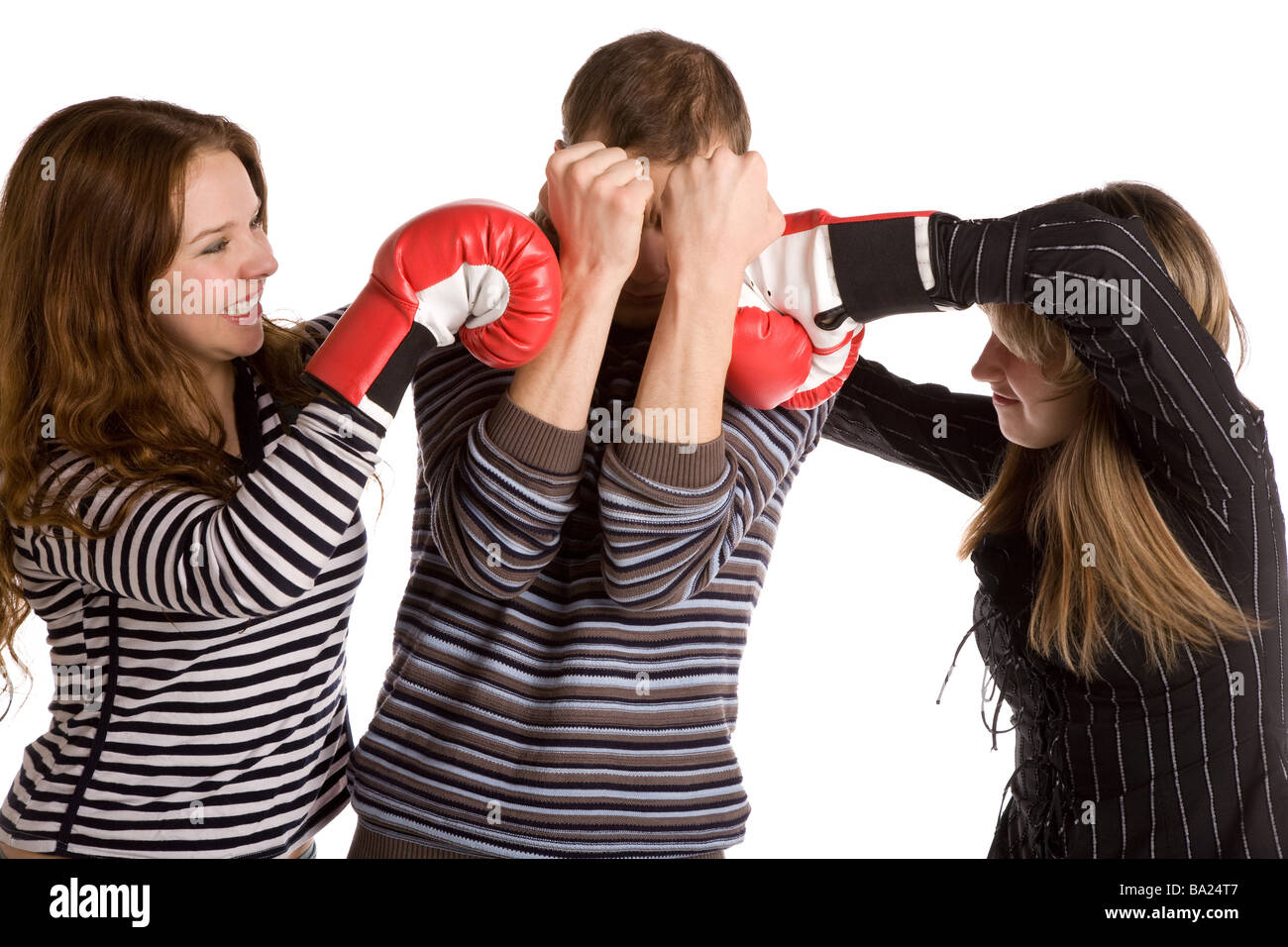 three young people boxing white background isolated Stock Photo - Alamy