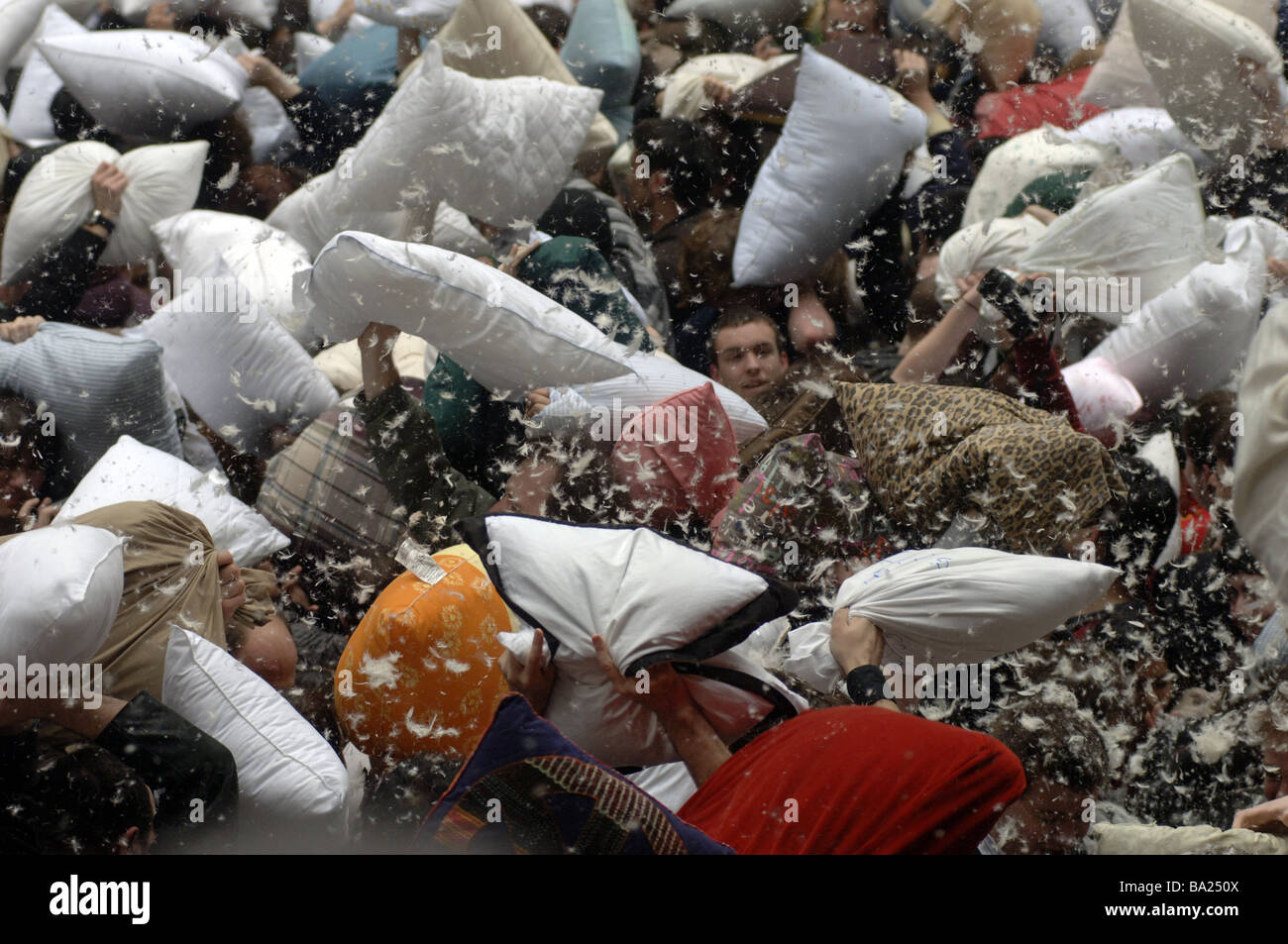 Hundreds of like minded pillow fighters take out their aggression on ...