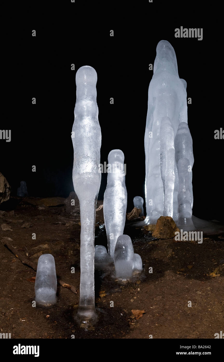 Ice stalagmites in limestone cave, Oberpfalz, Bavaria, Germany Stock ...