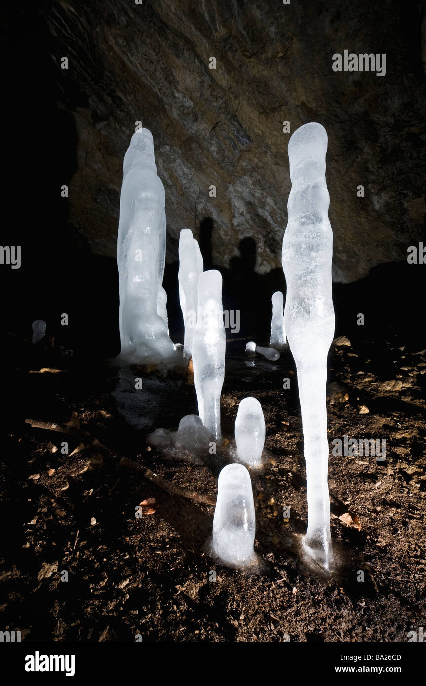Ice stalagmites in limestone cave, Oberpfalz, Bavaria, Germany Stock ...