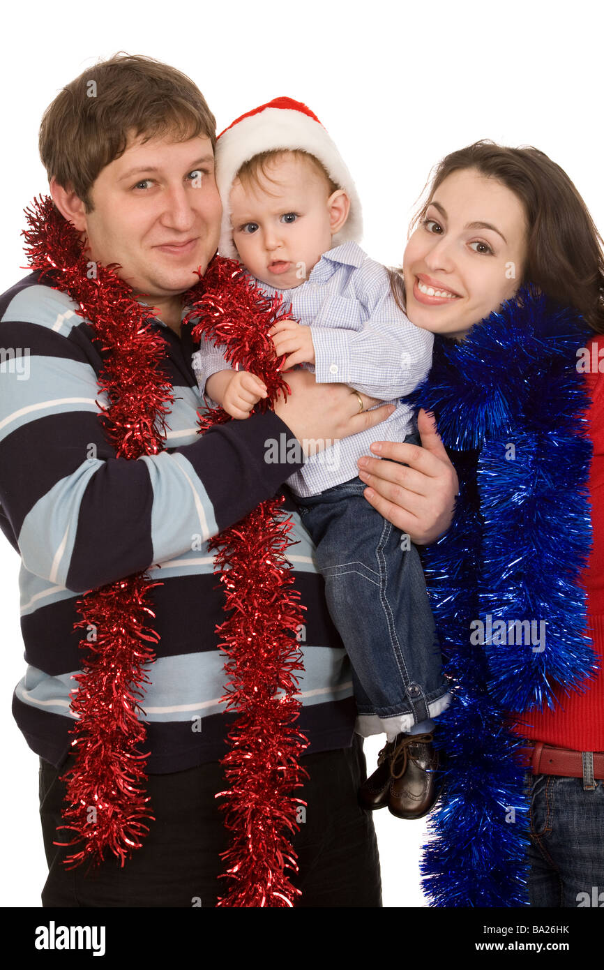 Happy family of three person on a white background Stock Photo - Alamy