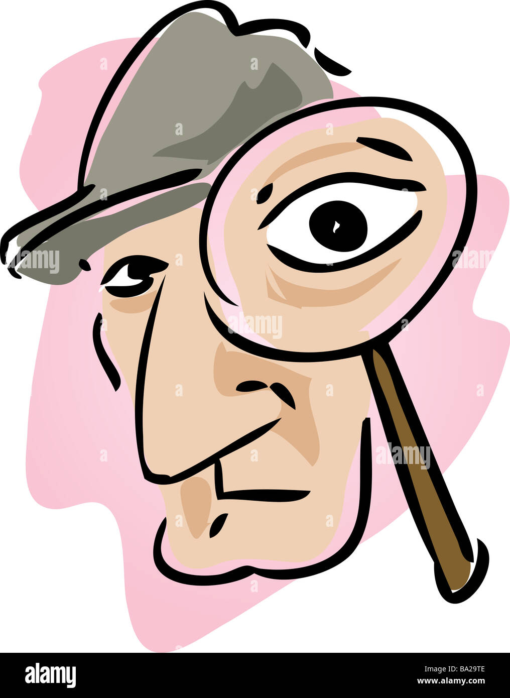 Cartoon illustration of detective with magnifying glass Stock Photo - Alamy