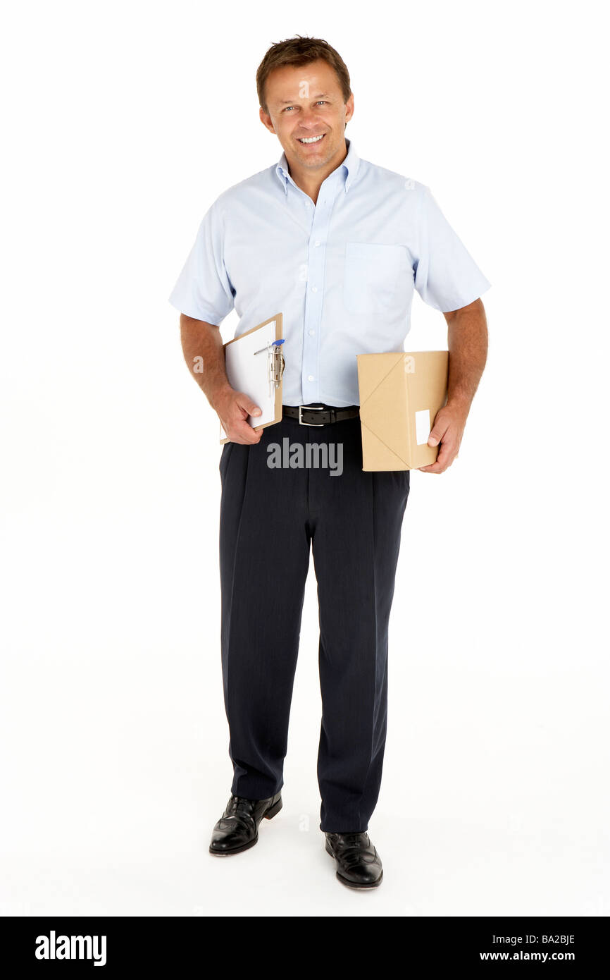 Delivery man courier parcel Cut Out Stock Images & Pictures - Alamy