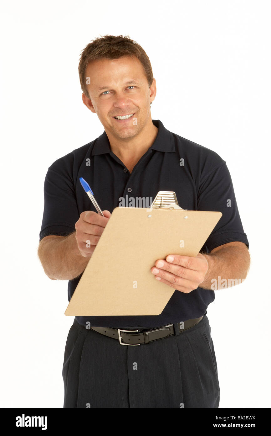 Courier Writing On A Clipboard Stock Photo - Alamy