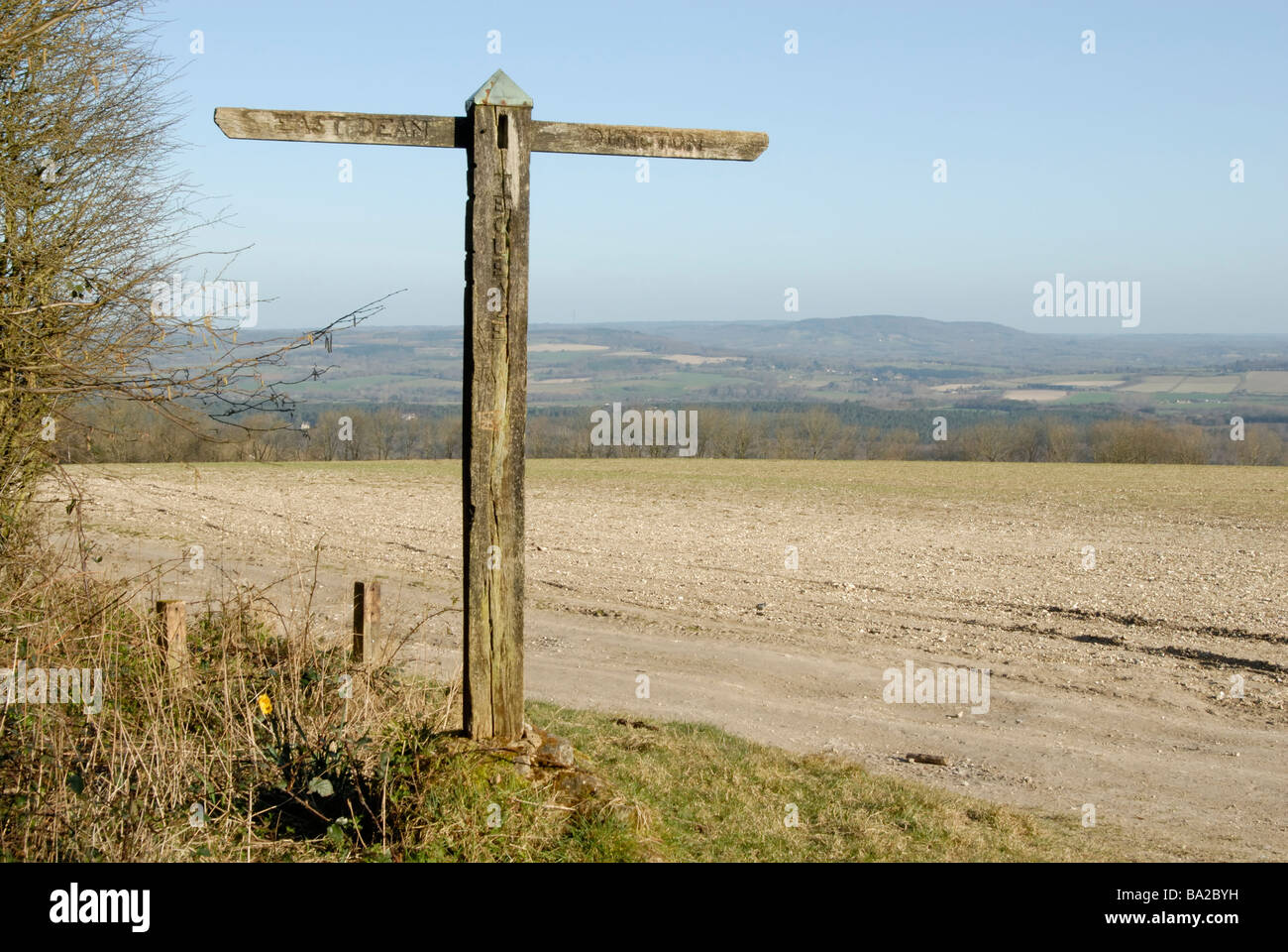 Old wooden footpath sign on top of Woolavington Down, on the South ...