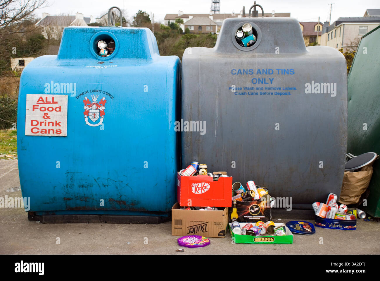 Dungloe Donegal Ireland Recycling bins full up and left litter Stock ...