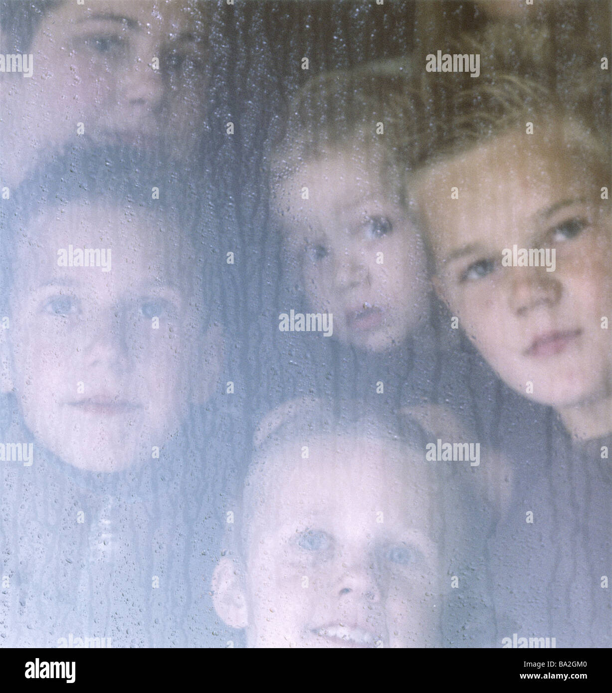 Children gaze glass-disk portrait mist over broached boys siblings ...