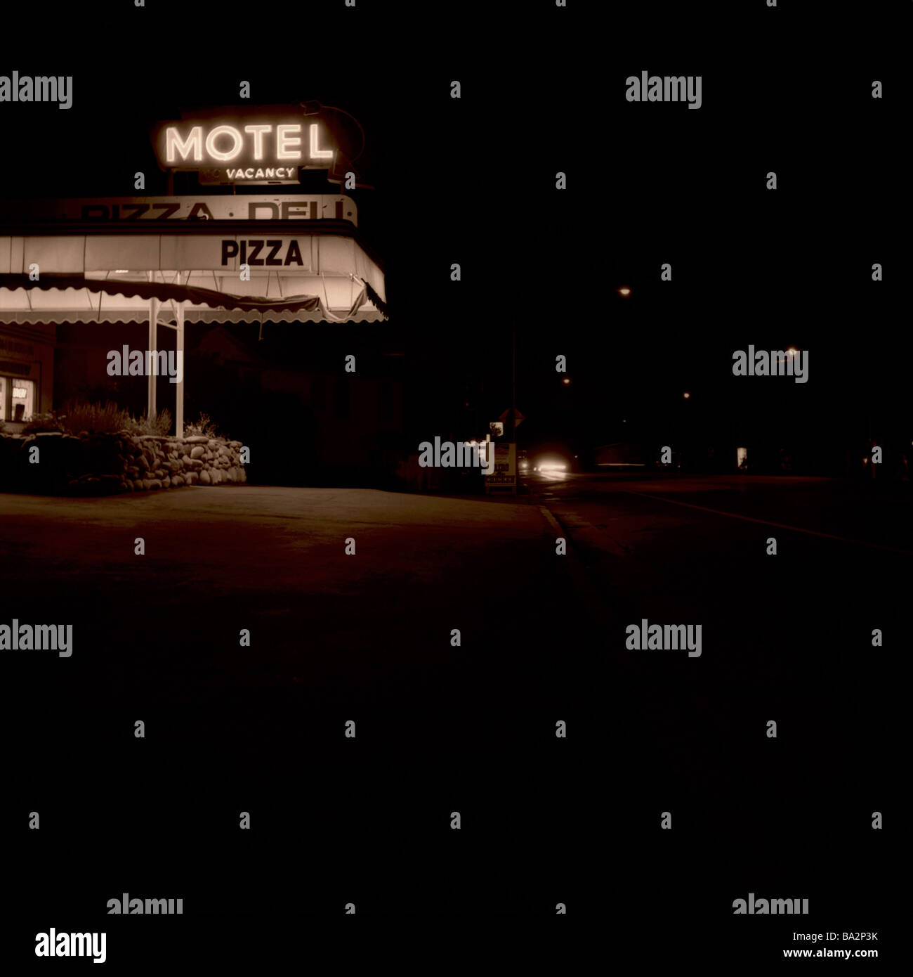USA California Lee Vining motel neon sign evening s/w sepia North ...