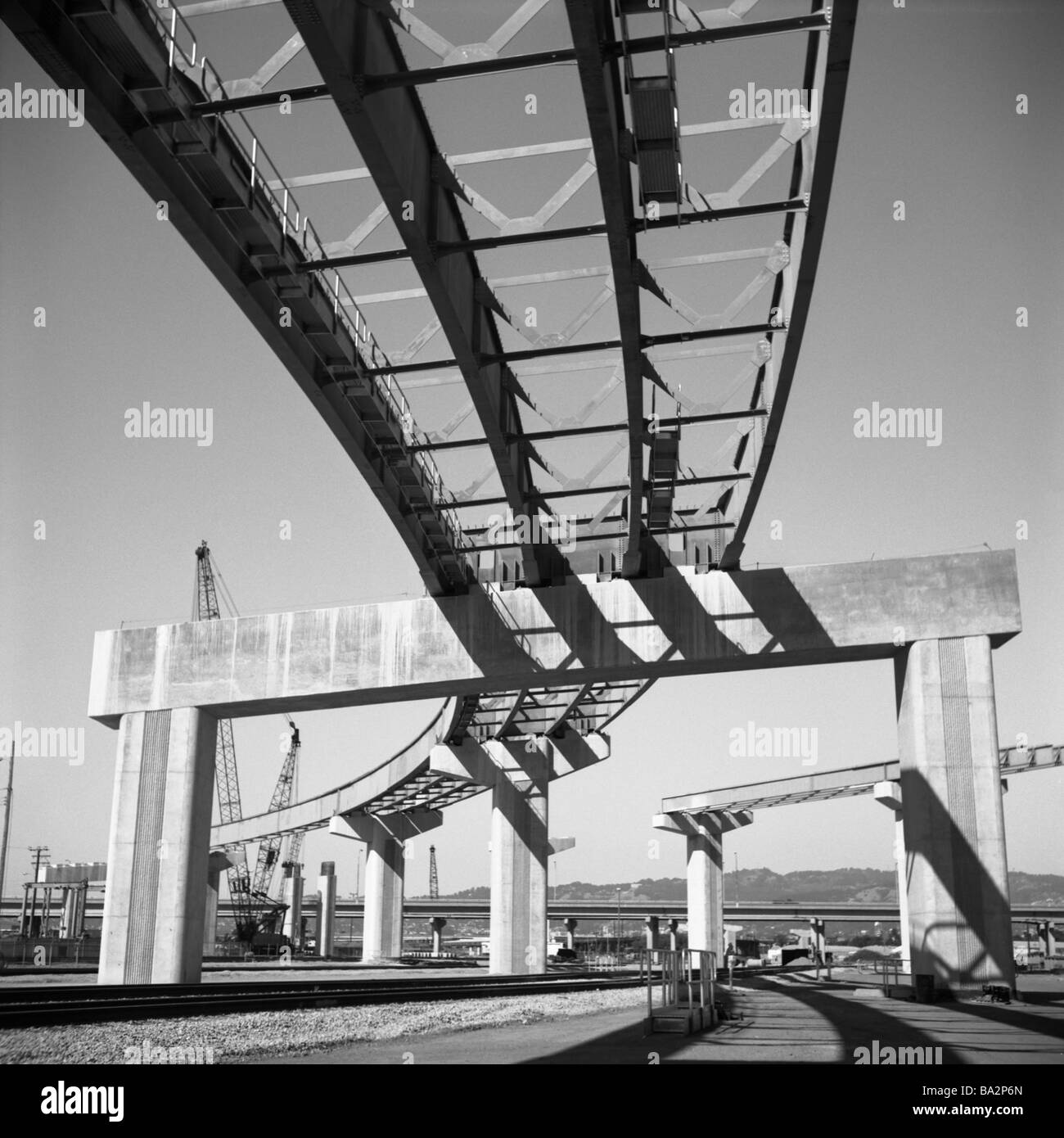 USA California Oakland building site Highway curve from below s/w North ...