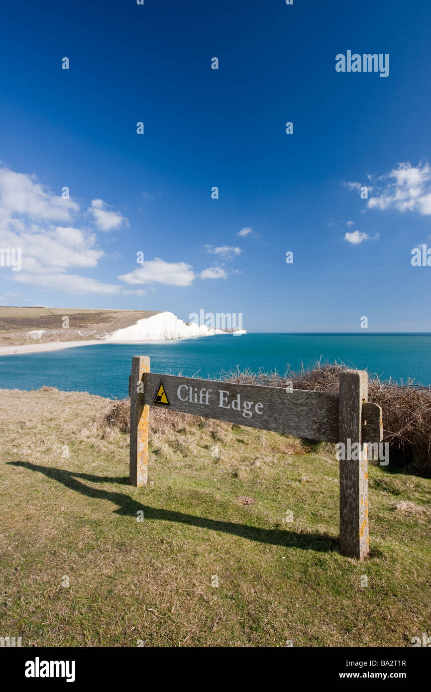 Sign saying Cliff Edge at Seven Sisters Cliffs, Cuckmere Haven, East ...