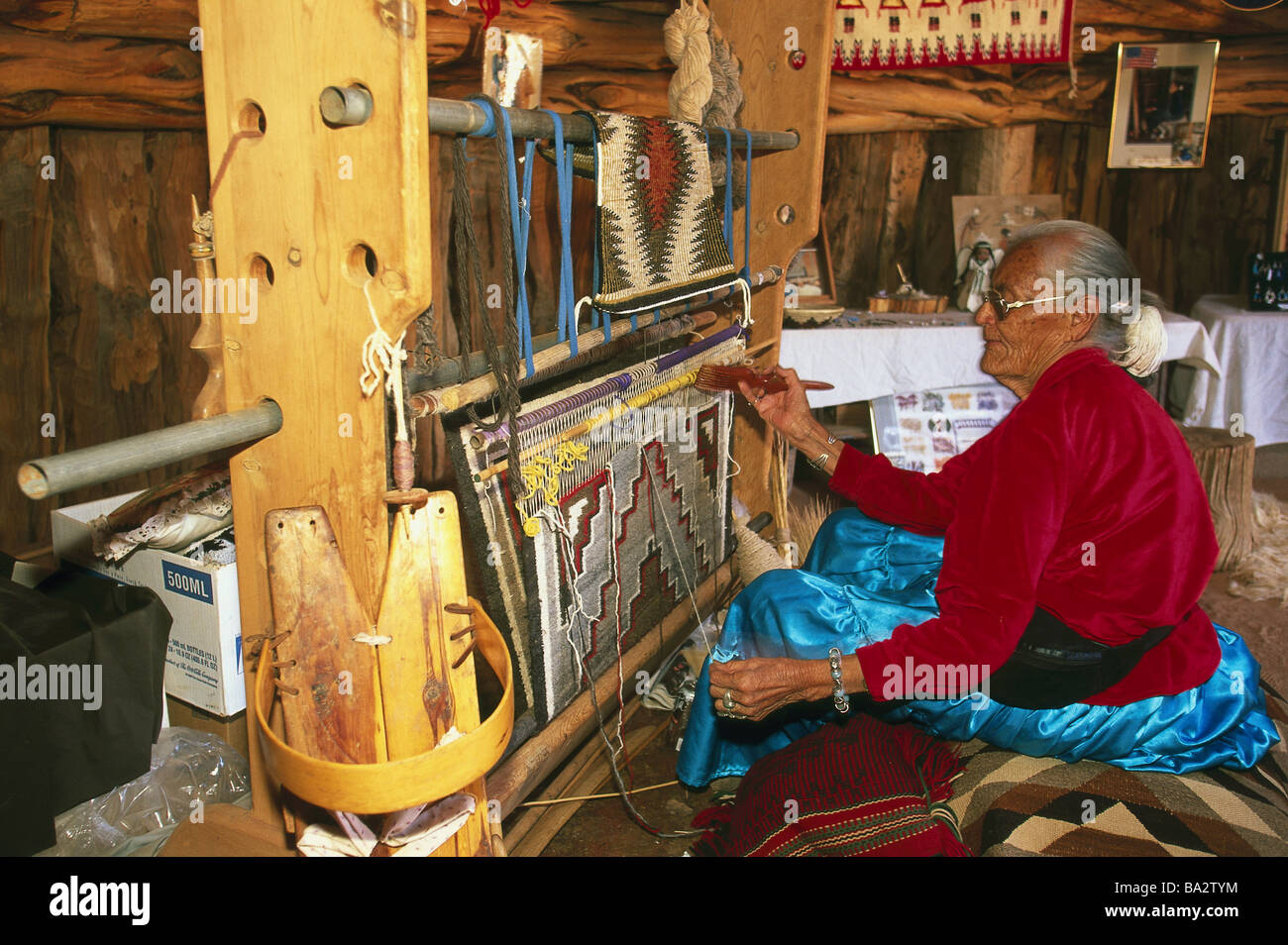 USA Utah Native American-preserve woman senior weaves North America ...