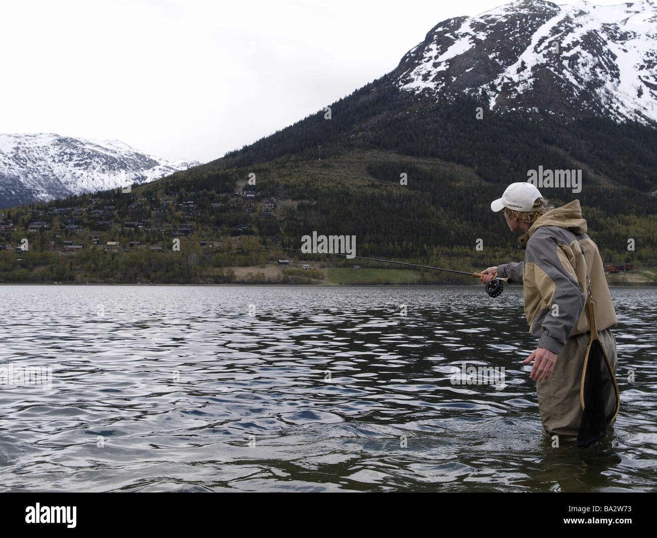 Norway Jotunheimen mountains river Otta man fly-fishing no models ...