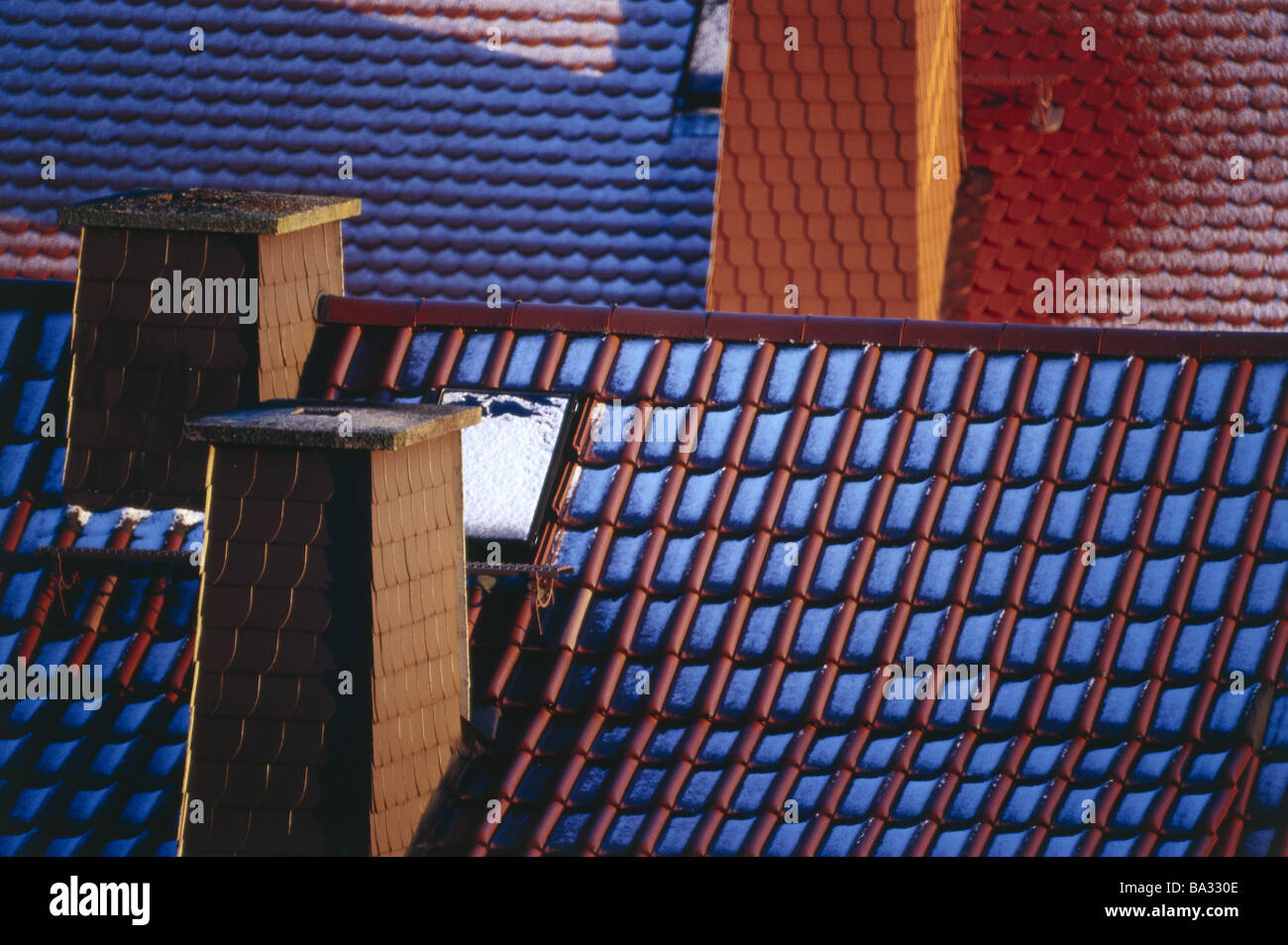 Residences brick-roofs chimneys detail snow houses buildings ...