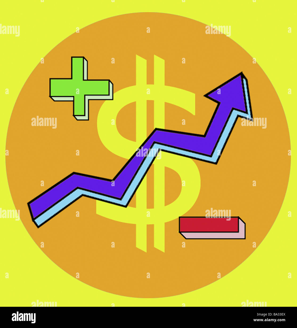 Illustration dollar-signs balance-curve climbs plus-signs deficit-signs ...