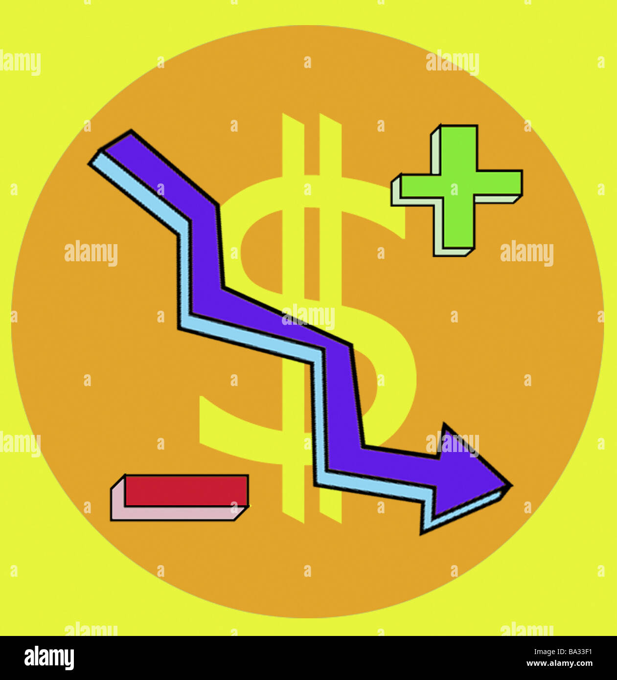 Illustration dollar-signs balance-curve falls plus-signs deficit-signs ...