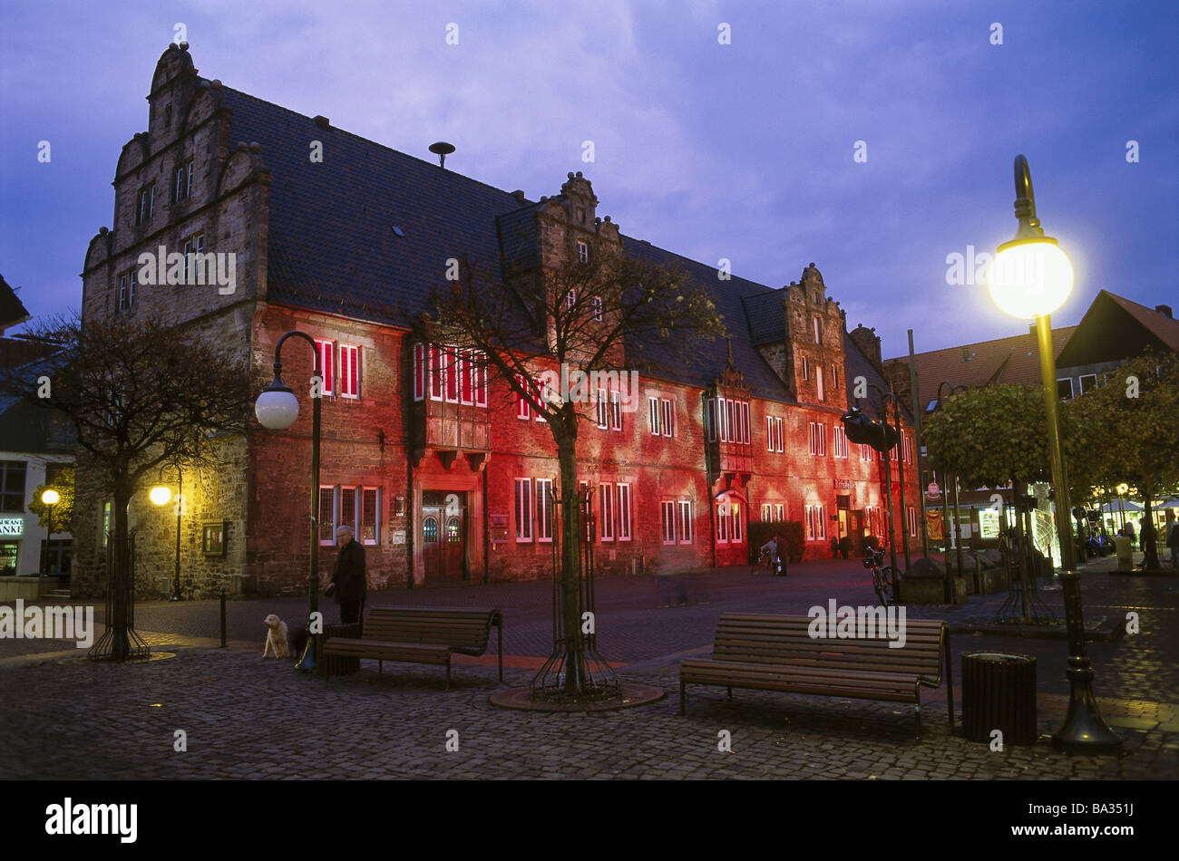 Germany Lower Saxony Stadthagen Altes town hall illumination evening ...