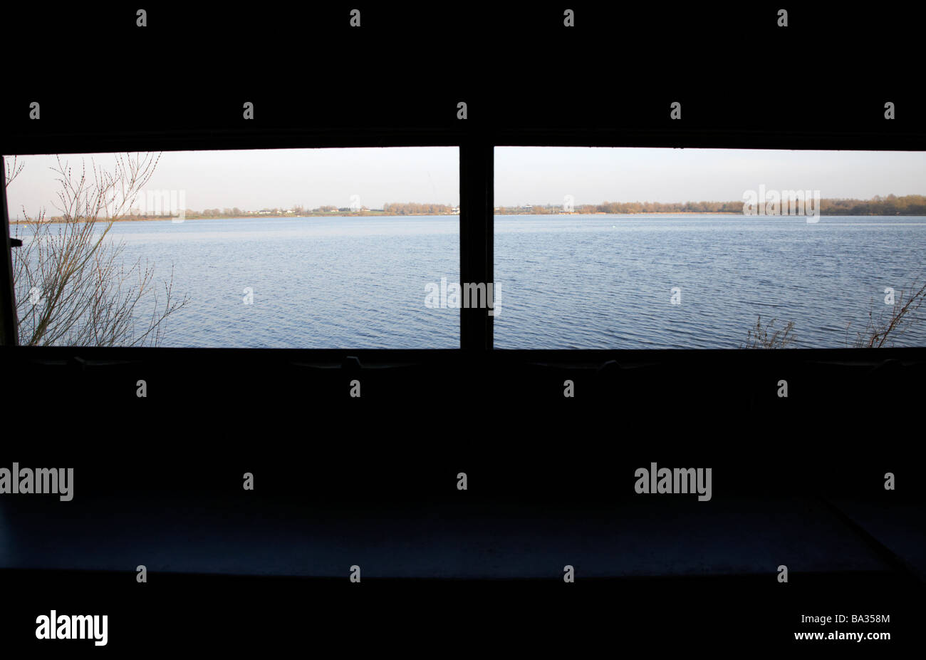 bird watching hide looking out through windows at lough neagh oxford ...