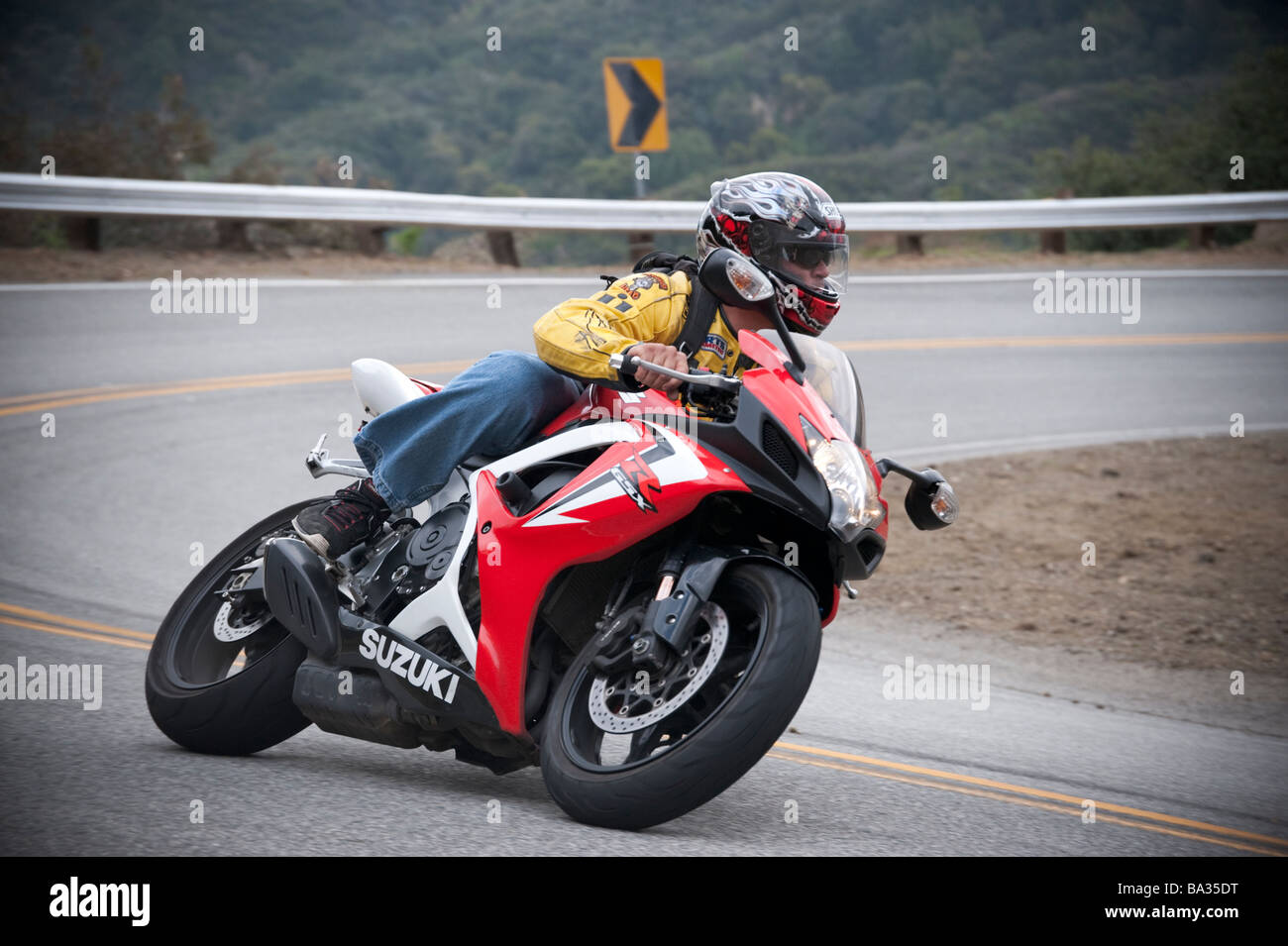 Motorcycle and Rider on Mulholland Highway in Southern California Stock ...