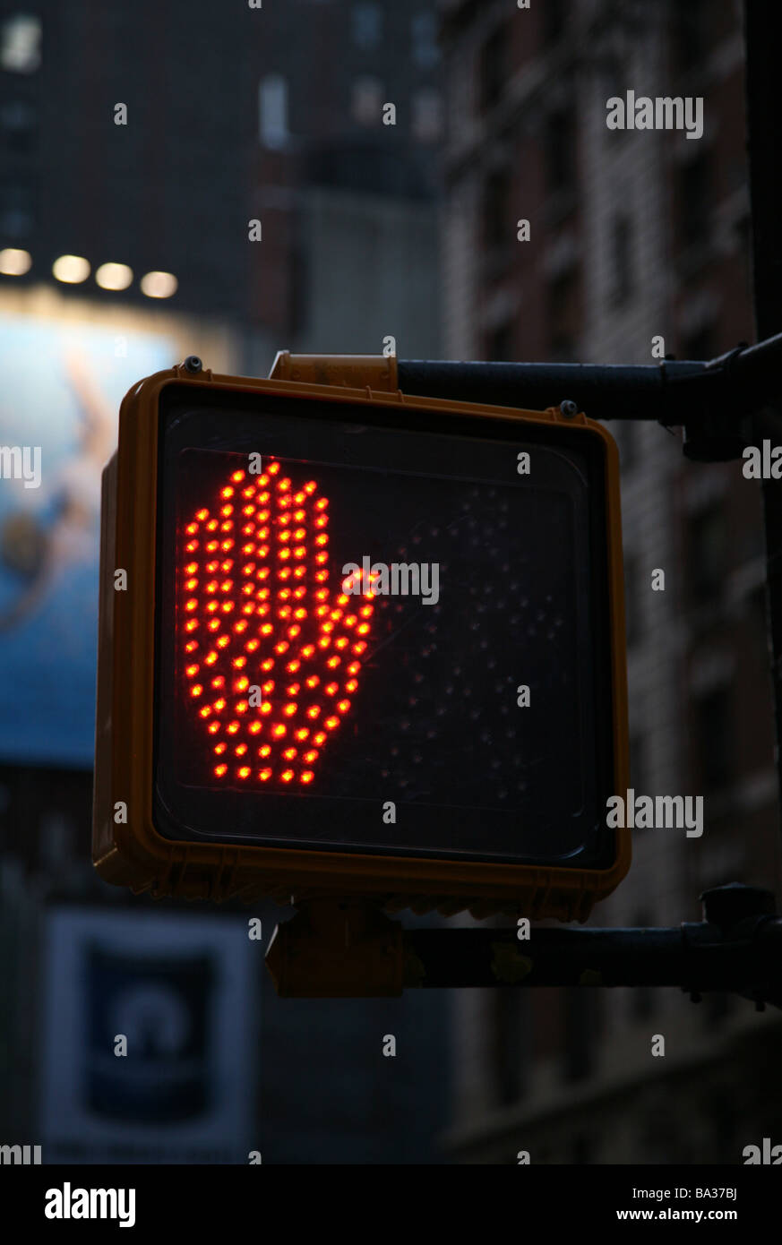 USA New York city Manhattan pedestrian-traffic light detail hand red ...