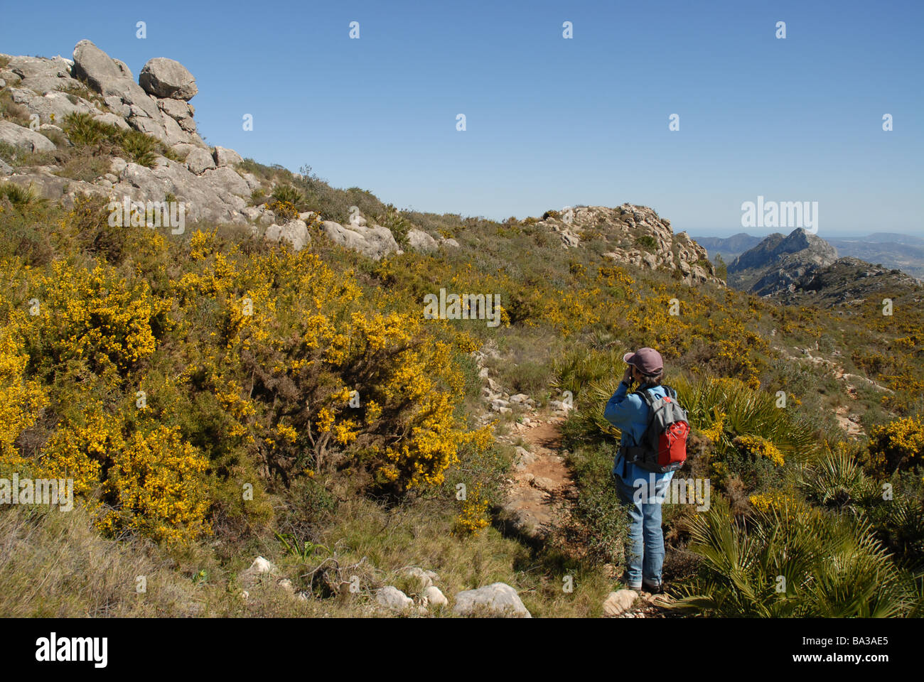 woman hiker on Penya Roig with Cavall Verd in distance, near ...