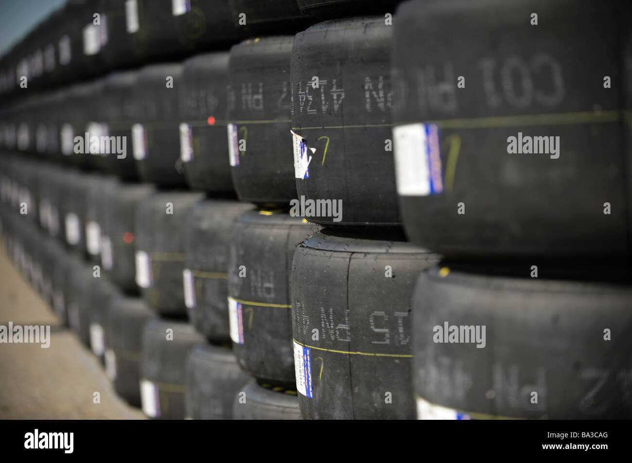 Stacks of Goodyear NASCAR racing tires at the 3M Performance 400 at ...