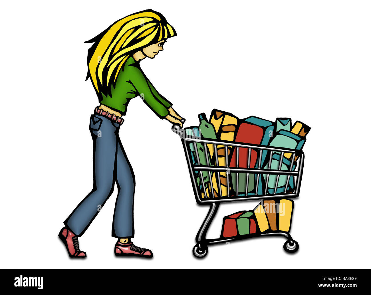 Illustration Manga woman young blond shopping carts graphics drawing ...