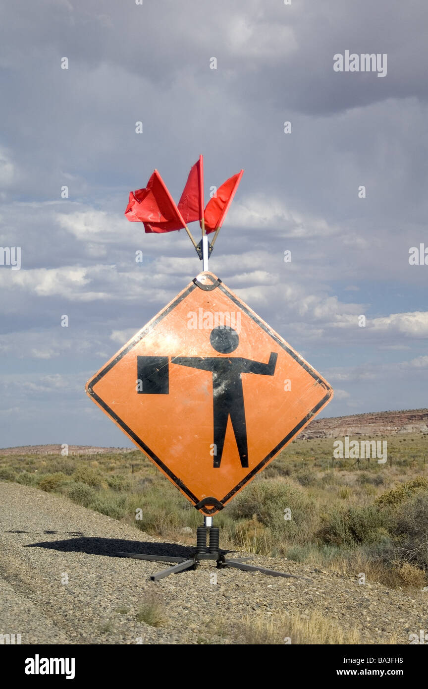 Landscape traffic sign "respect building site" flags red roadside grit ...