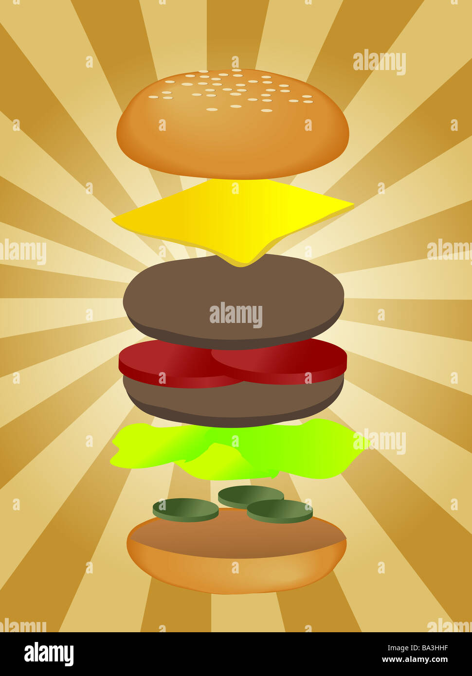 Hamburger illustration layered burger with cheese vegetables Stock ...