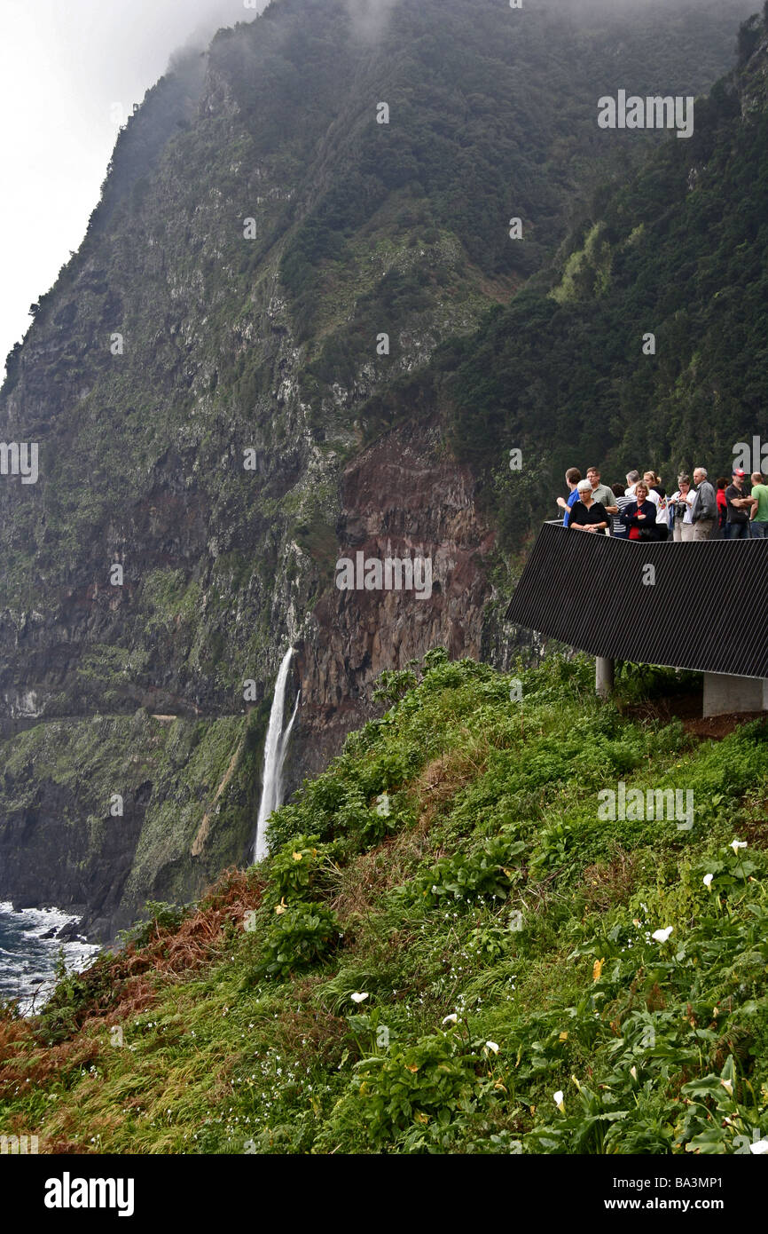 Tourists waterfall viewpoint madeira Stock Photo - Alamy