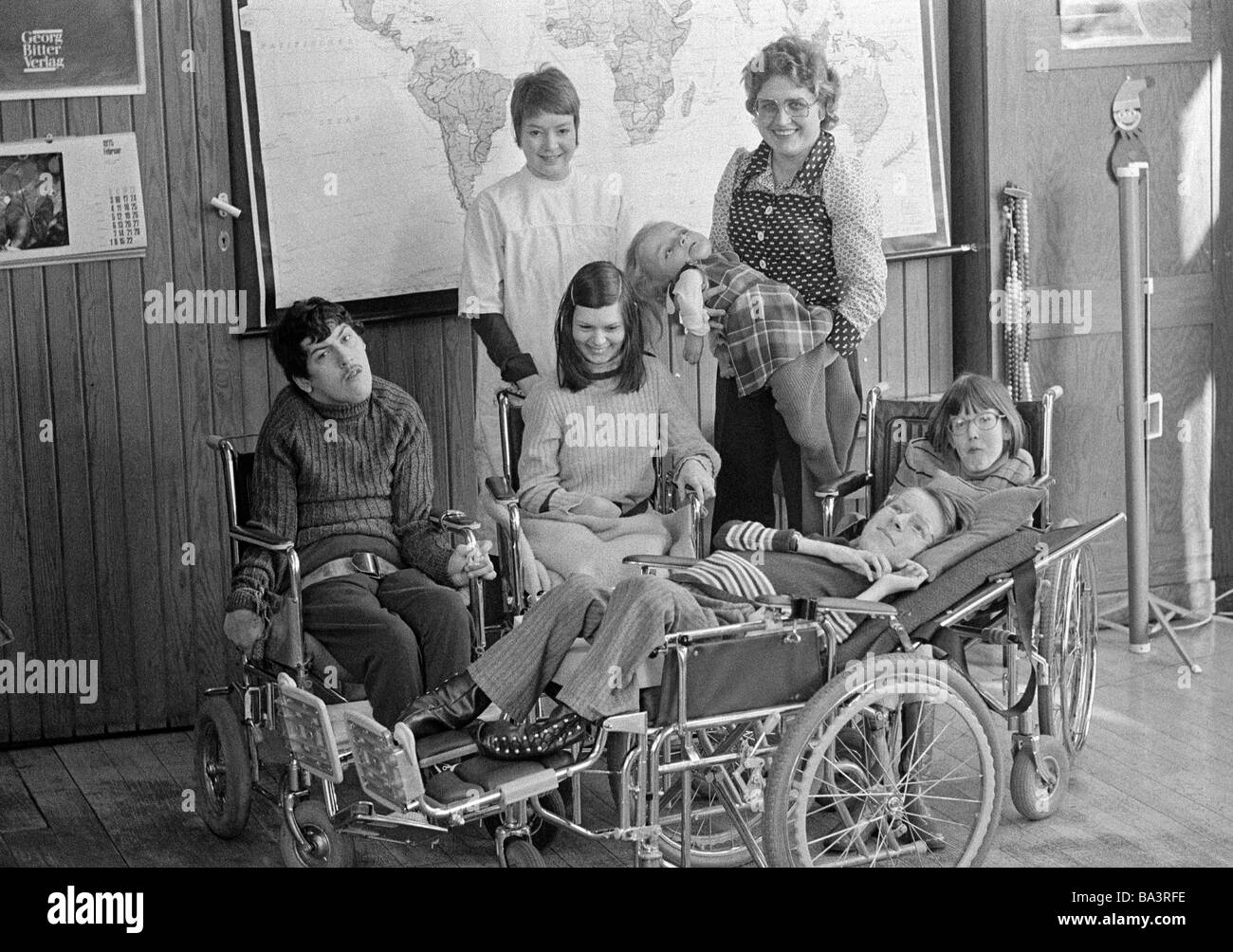 Seventies, black and white photo, people, physical handicap, school ...